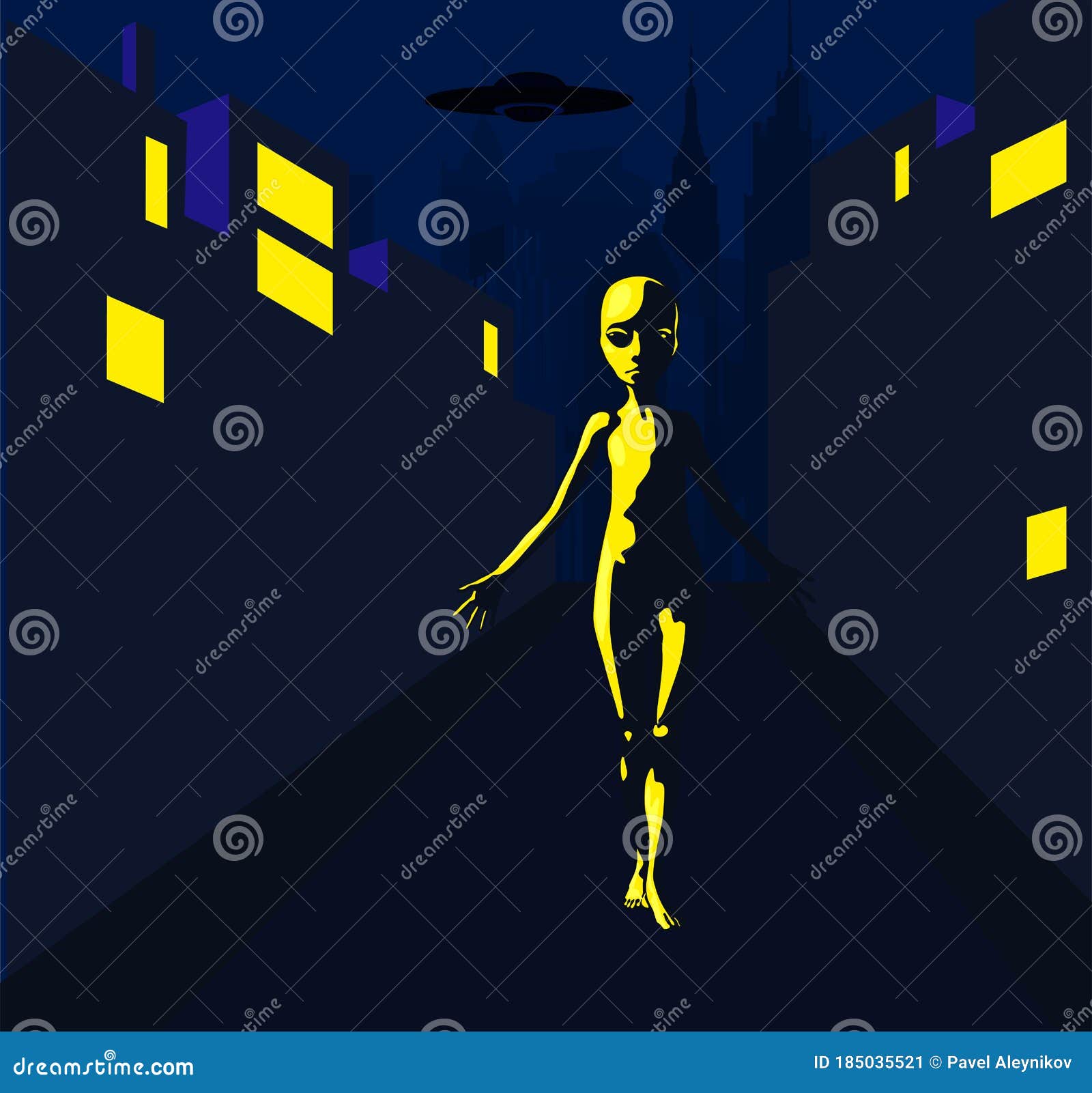 Alien Visitors Come To City, UFO, Alien and Cityscape. Vector Image ...
