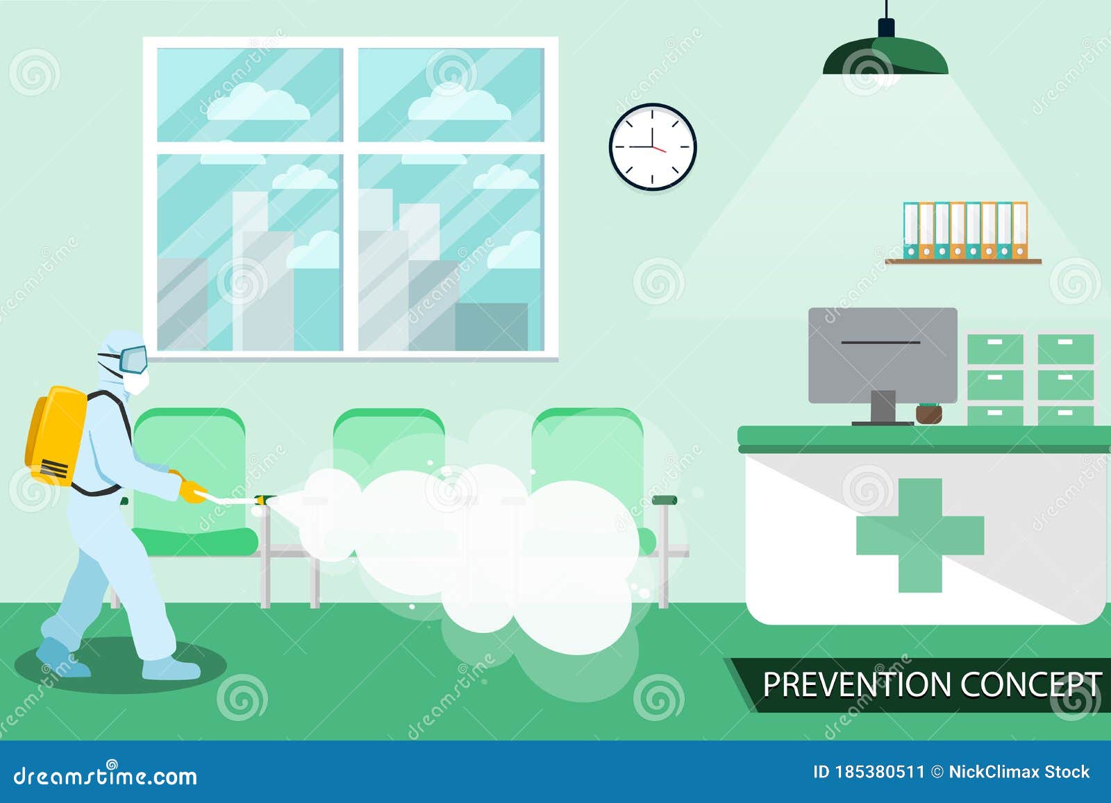 Prevention Concept at Hospital Reception. People in Protective Suit PPE ...