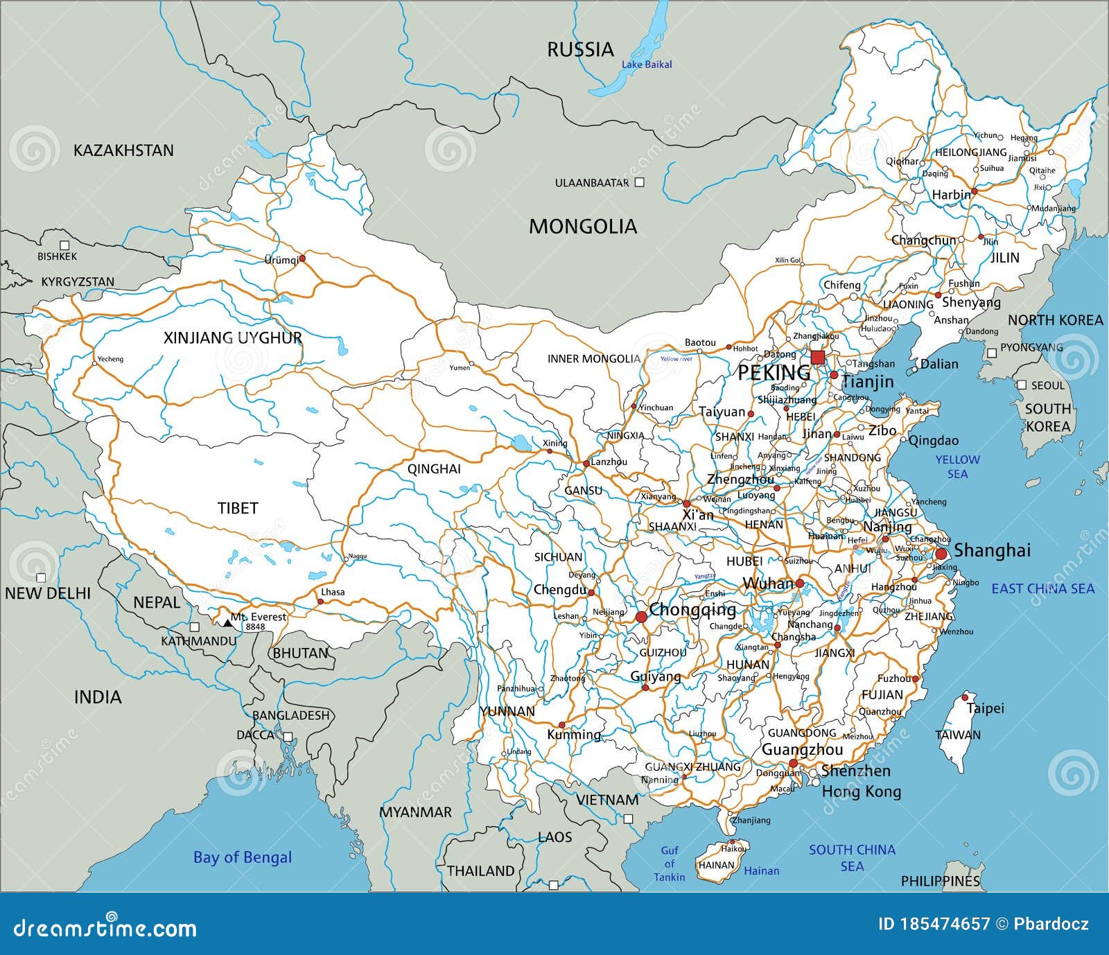 High Detailed China Road Map with Labeling. Stock Vector - Illustration ...