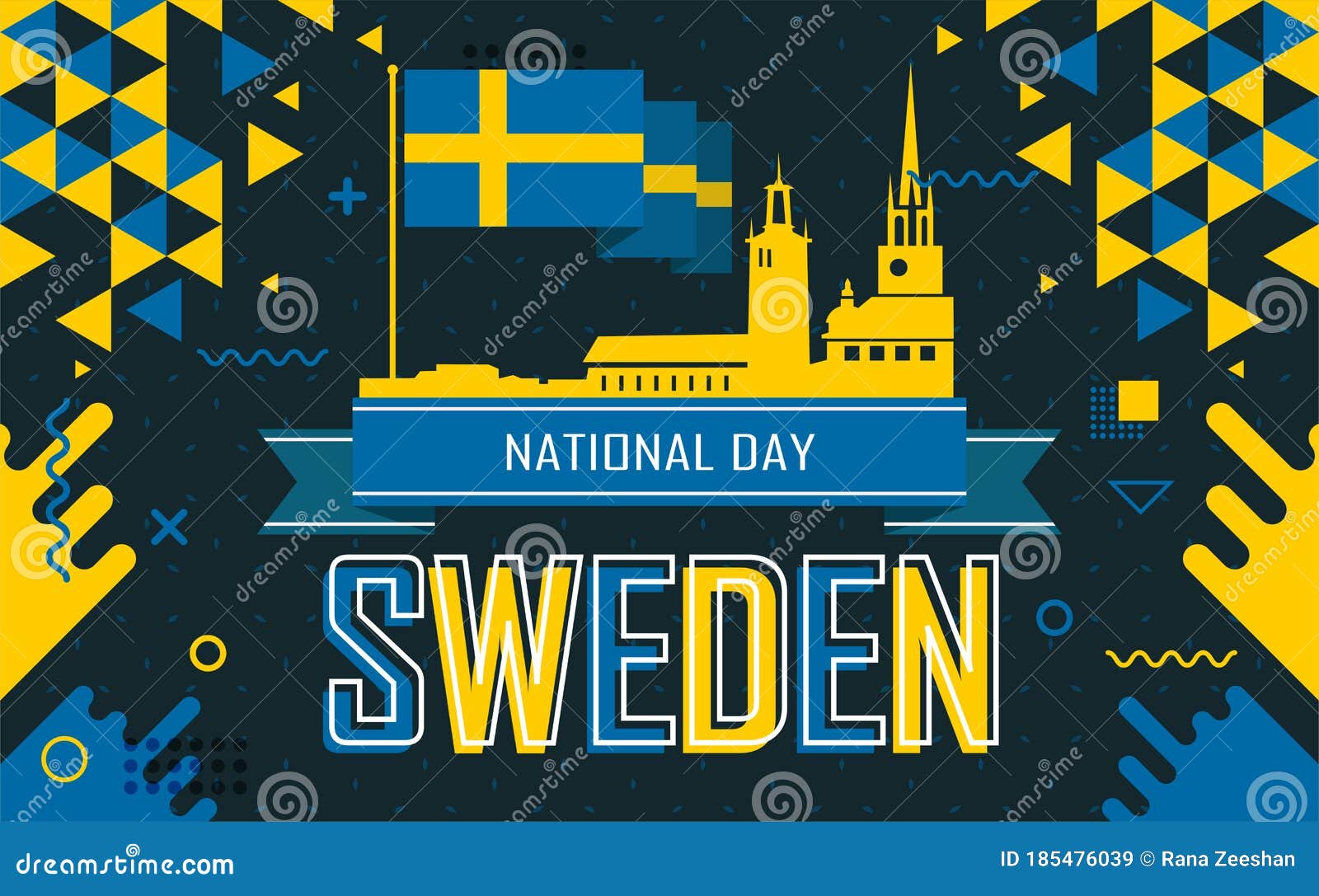 Sweden National Day Banner with Geometric Retro Icons and Swedish Flag ...