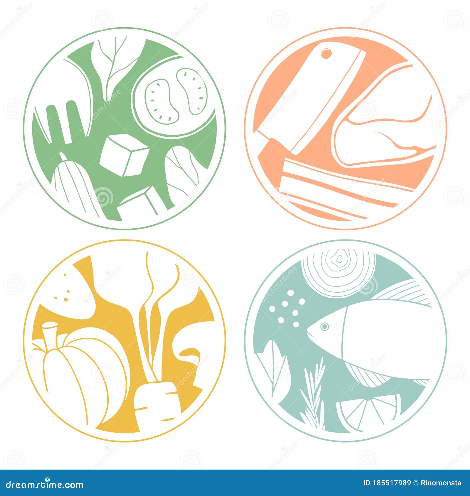 Set of Cartoon Food Badges. Round Stylized Cooking Illustrations Stock ...