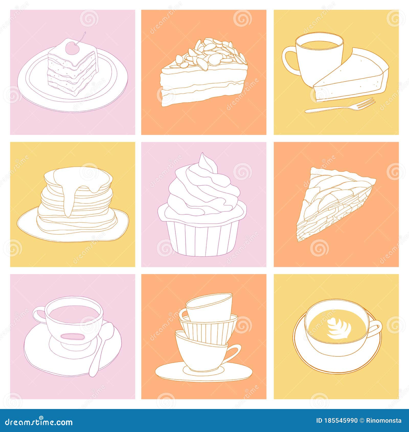 Cups And Cakes Line Illustrations Set. Hand Drawn Sweets And Coffee ...