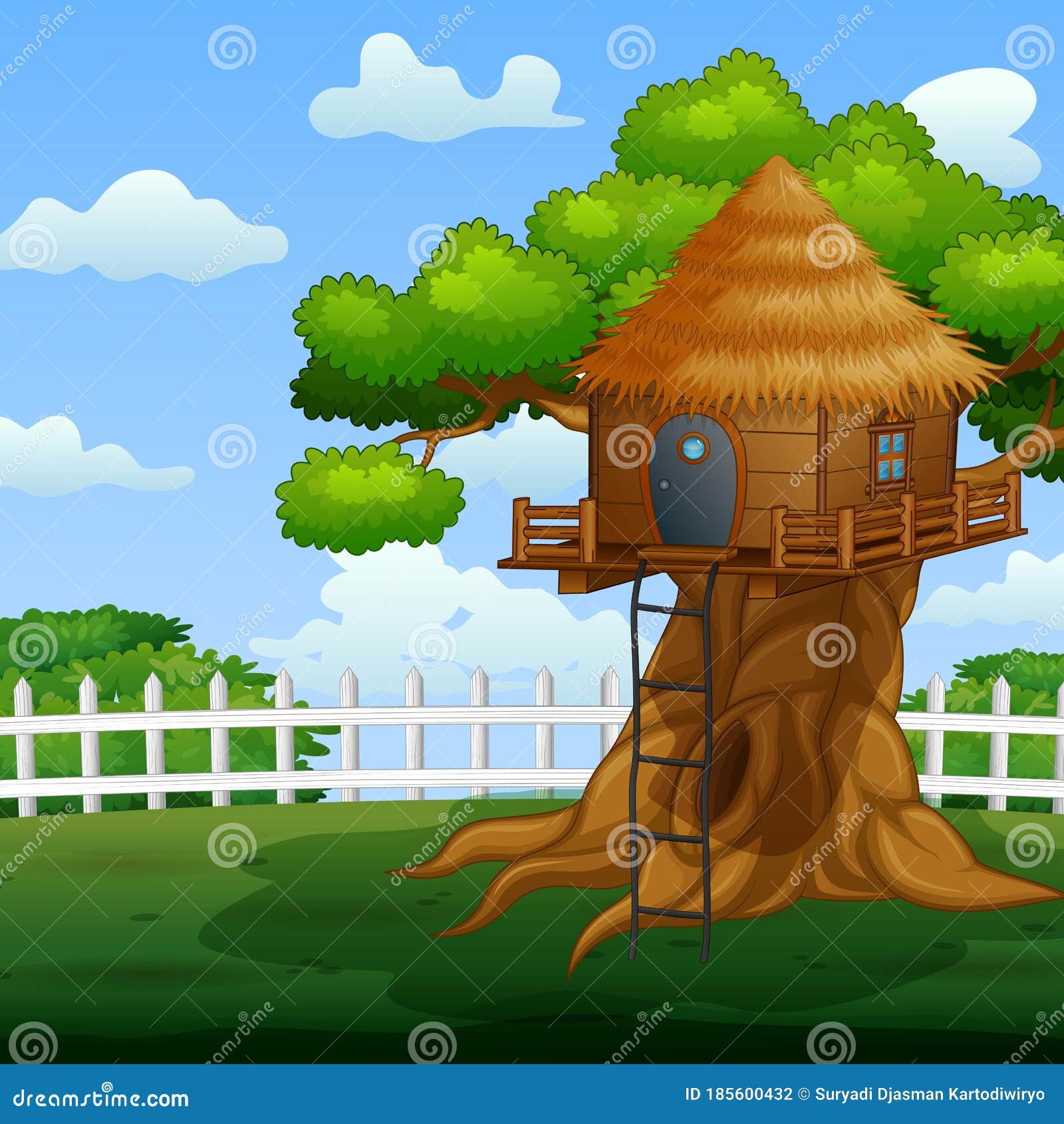 Wooden Treehouse Built Large Wheels Nestled Among Green Trees, Cartoon ...