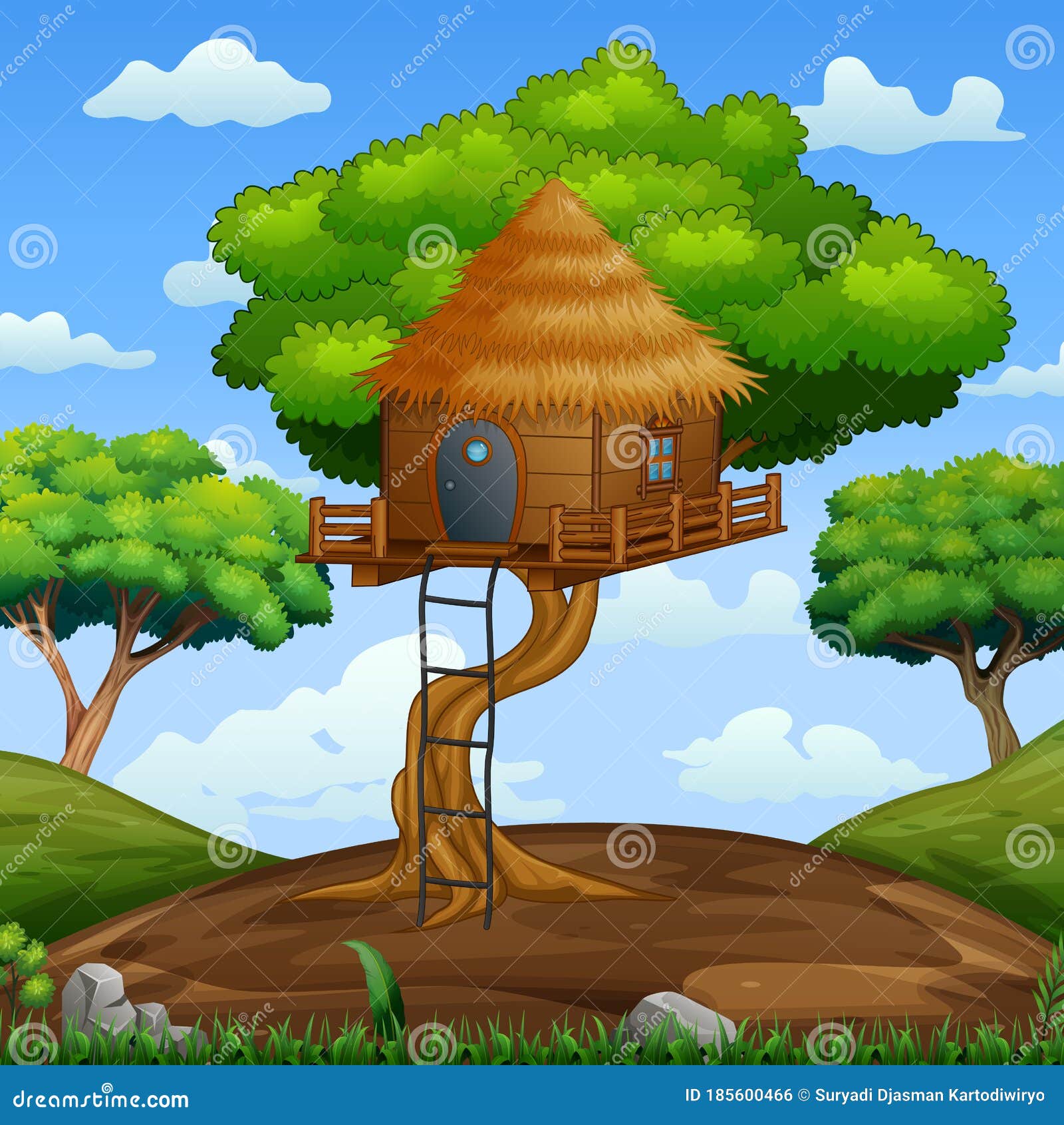 Scene with Wooden Treehouse in the Forest Stock Vector - Illustration ...