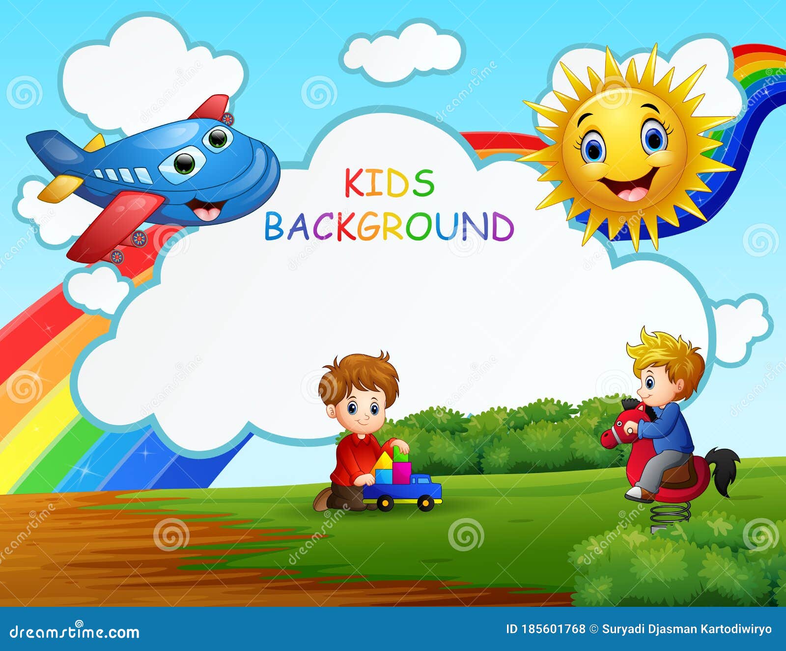 Scene with Two Boys Playing in Rainbow Background Stock Vector ...