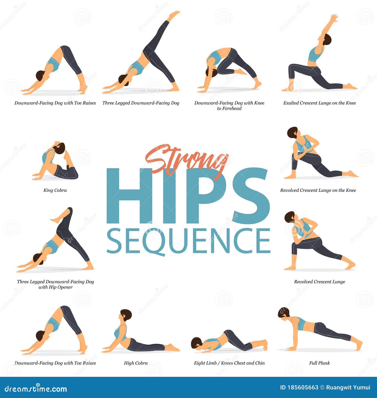 12 Yoga Poses for Yoga at Home in Concept of Strong Hips in Flat Design ...