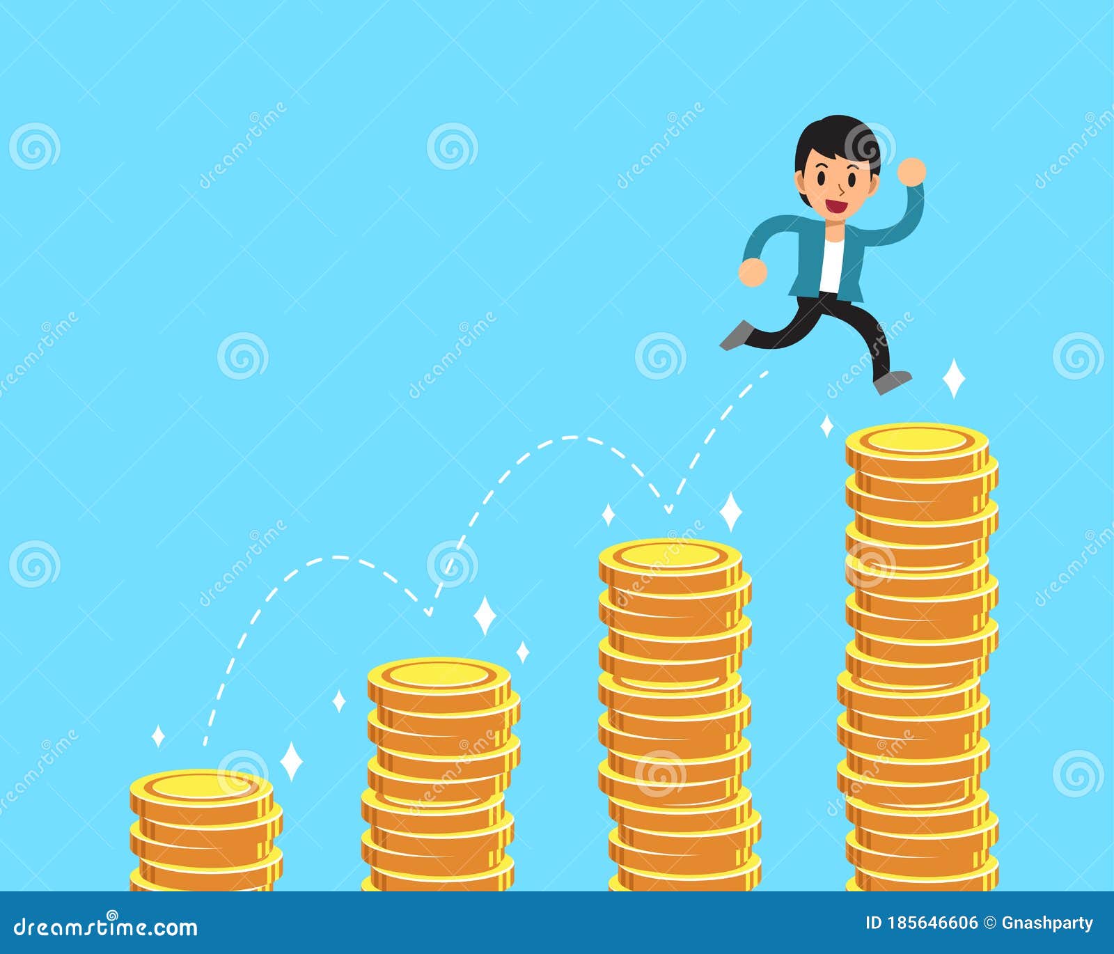 Vector Cartoon Character Businessman Jumping Over Money Stacks Stock ...