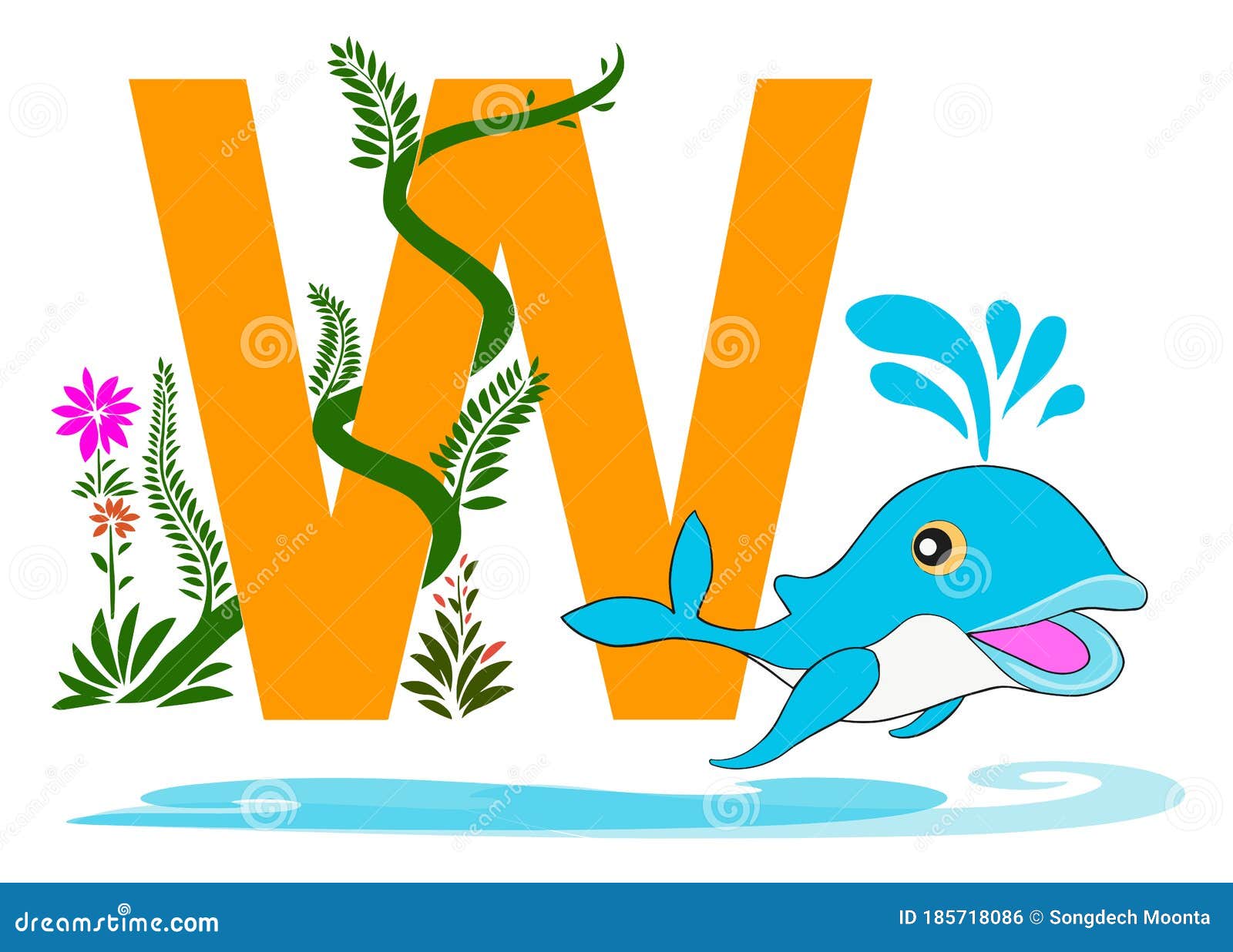 Letter W with Green Grass Vines and Cute Whale Stock Vector ...