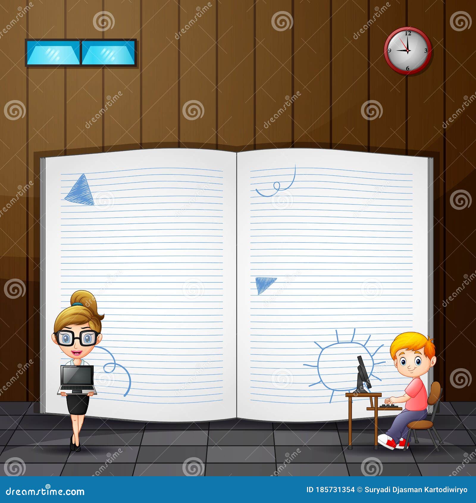 Border Template with a Woman and Boy Working Stock Vector ...