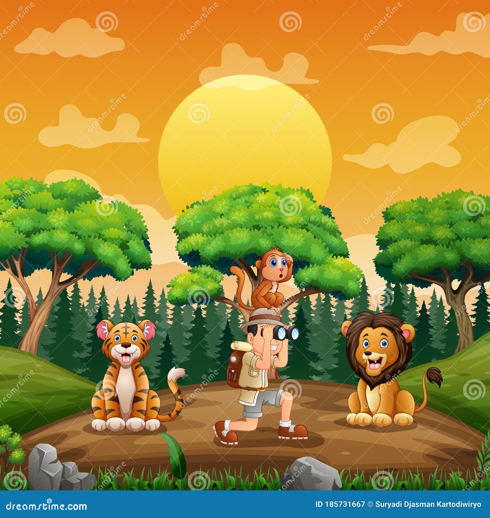 The Explorer Man with Animals on the Field Stock Vector - Illustration ...