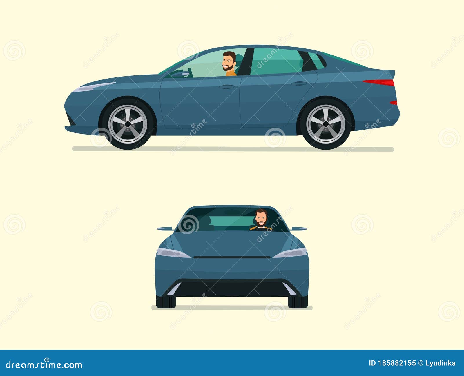 Sedan Car Two Angle Set. Car with Driver Man Side View and Front View ...