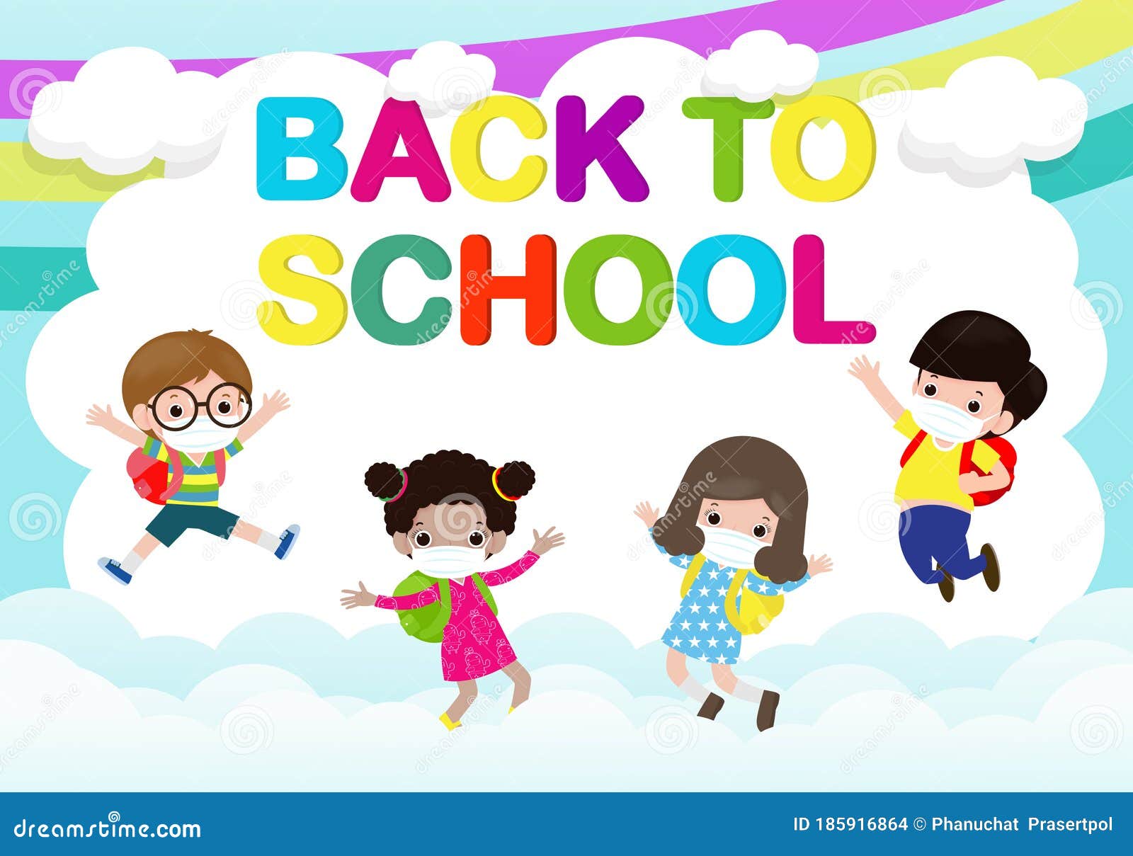 Back To School For New Normal Lifestyle Concept. Happy Group Of Kids ...