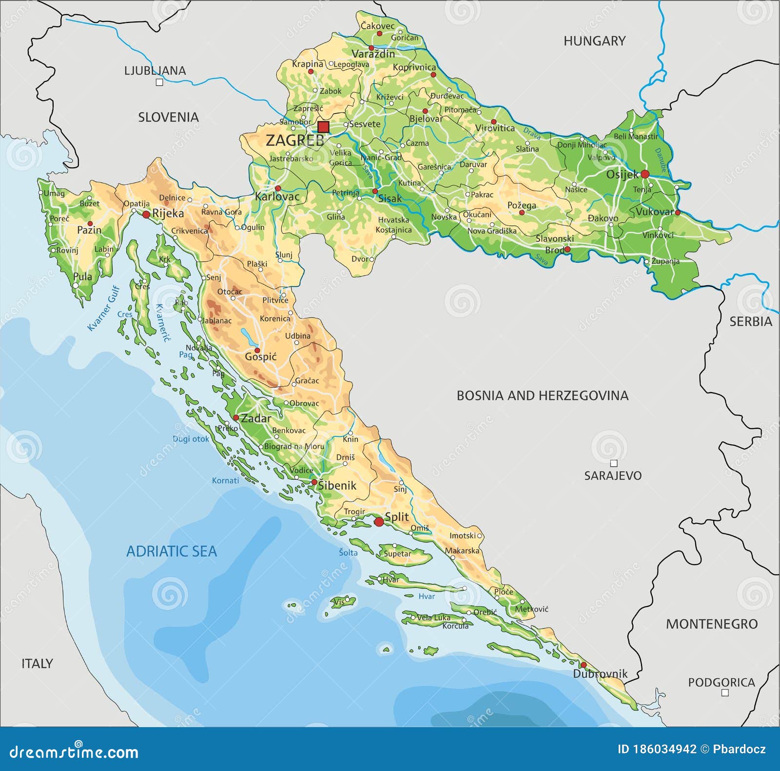 High Detailed Croatia Physical Map with Labeling. Stock Vector ...