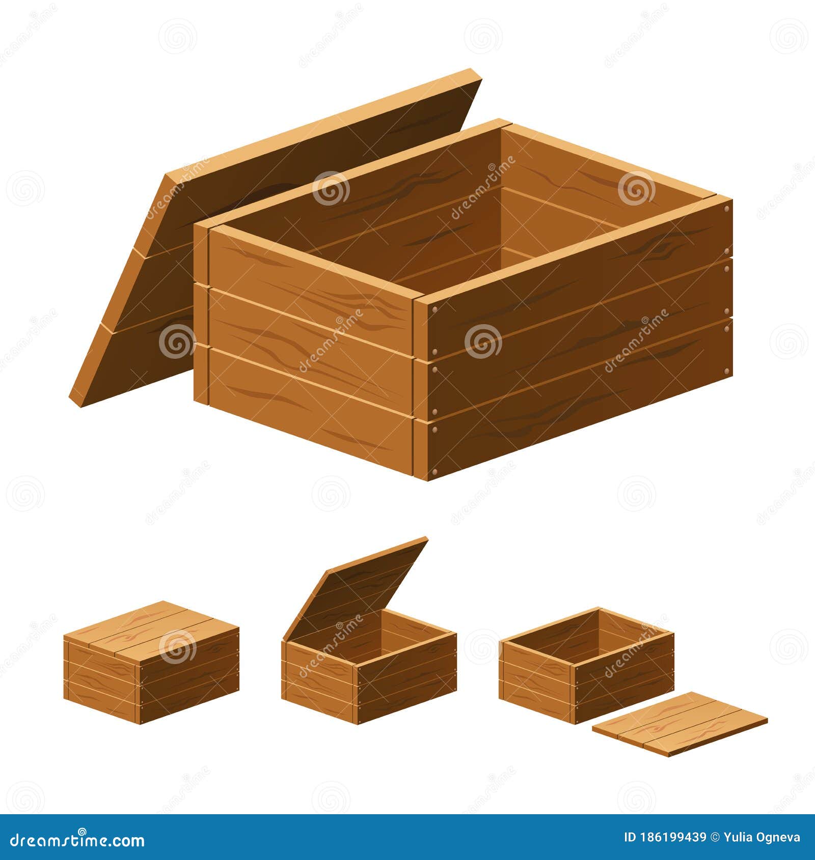 A Set of Wooden Boxes with Lids Isolated on White Background. Vector ...