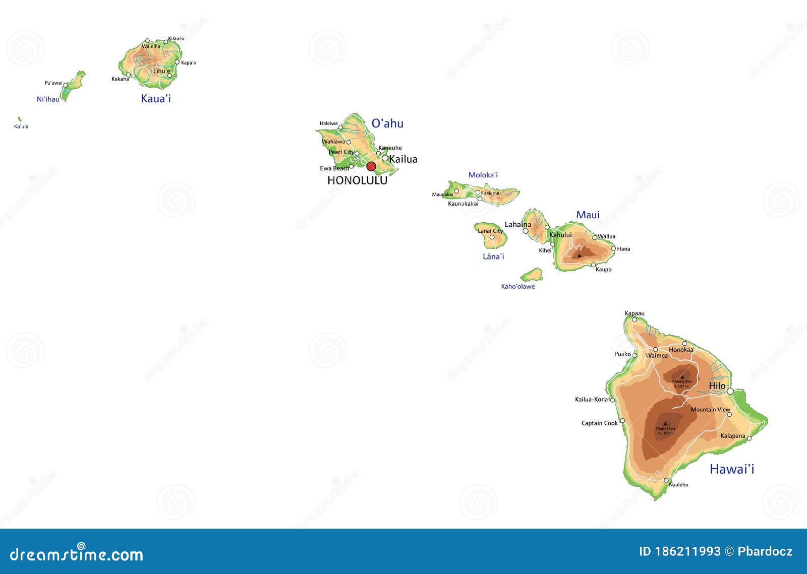 High Detailed Hawaii Physical Map with Labeling. Stock Vector ...
