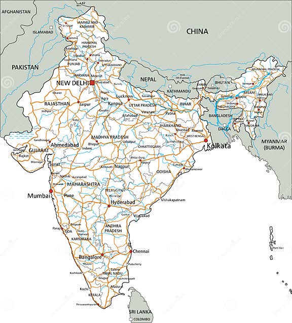 High Detailed India Road Map with Labeling. Stock Vector - Illustration ...