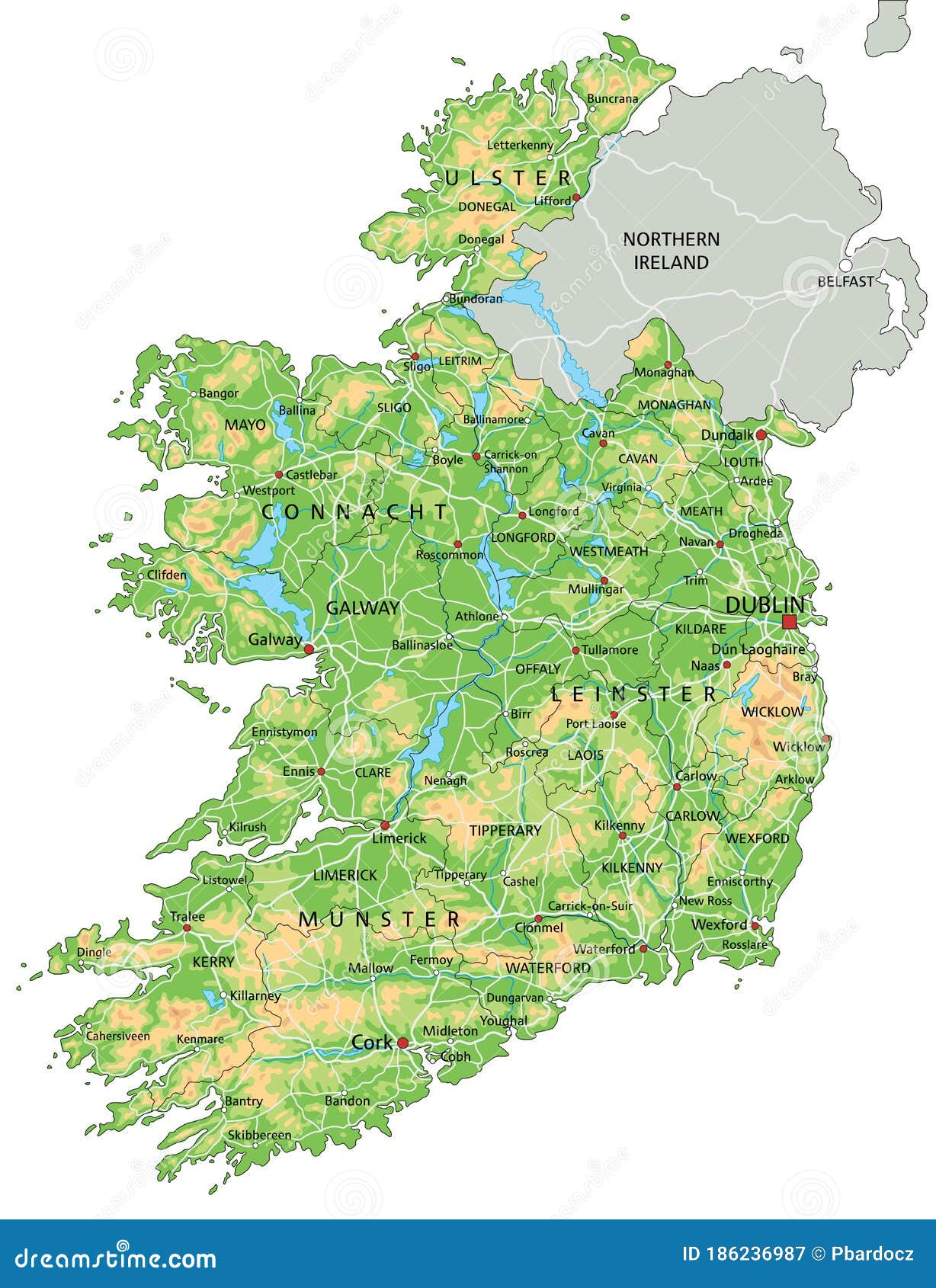 High Detailed Ireland Physical Map with Labeling. Stock Vector ...