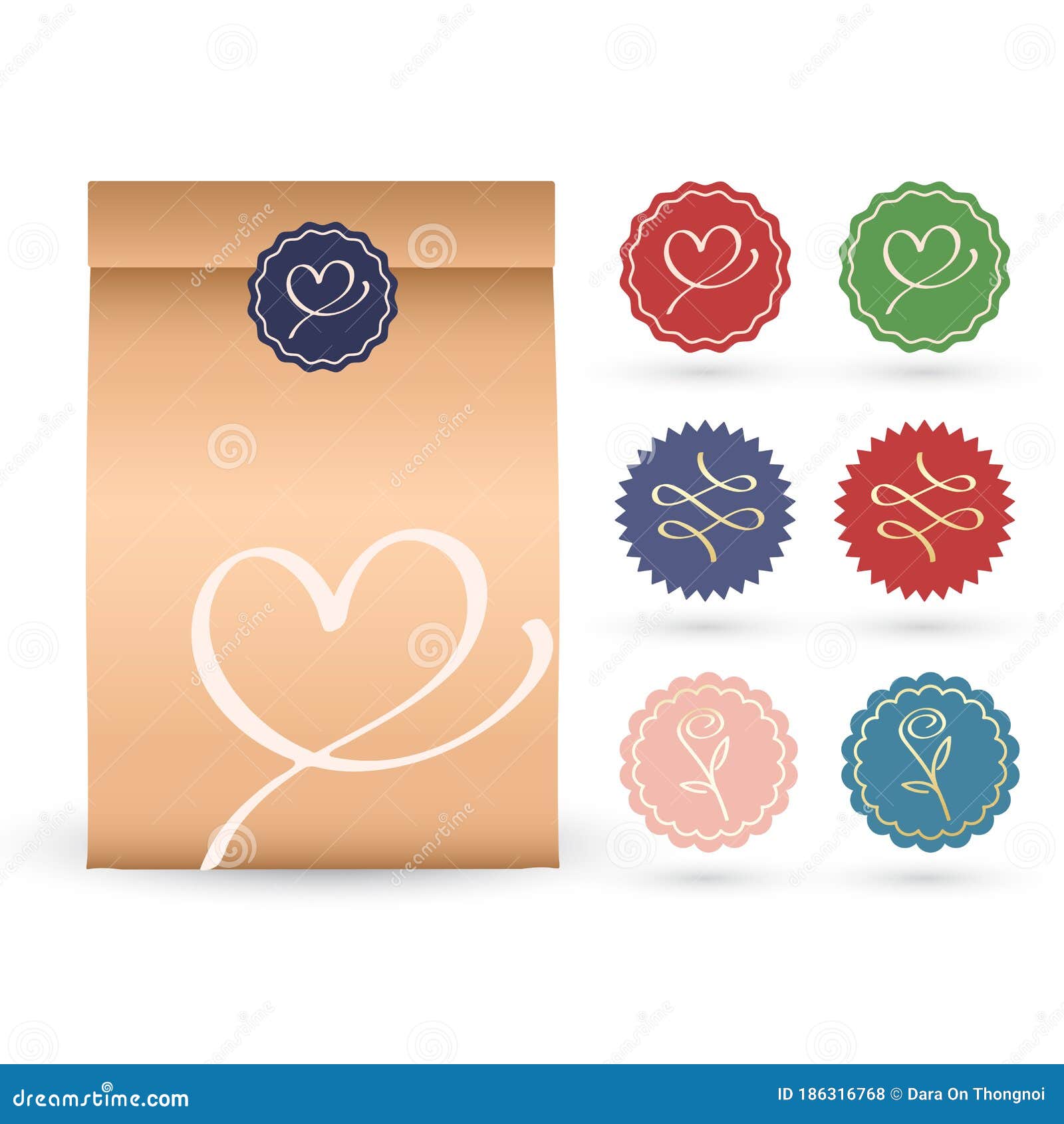 Brown Paper Bag Template with Sticker Set : Vector Illustration Stock ...