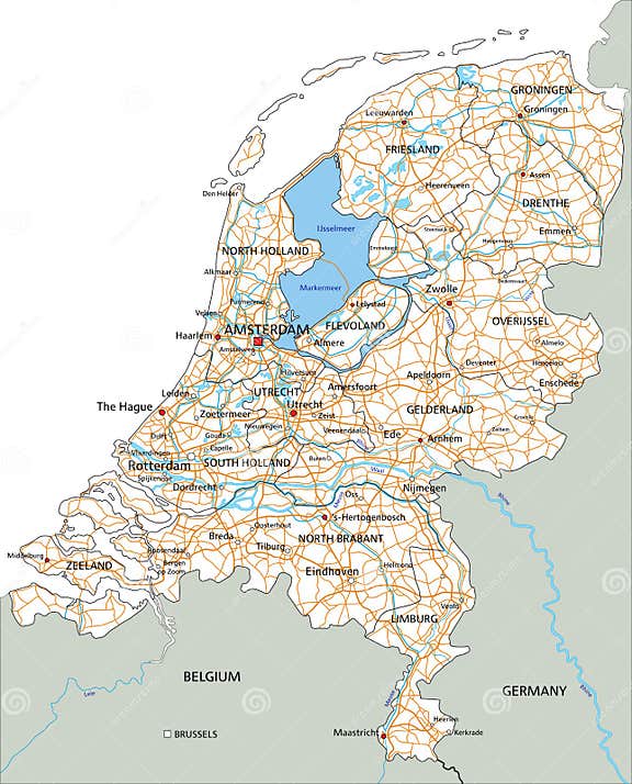 High Detailed Netherlands Road Map with Labeling. Stock Vector ...