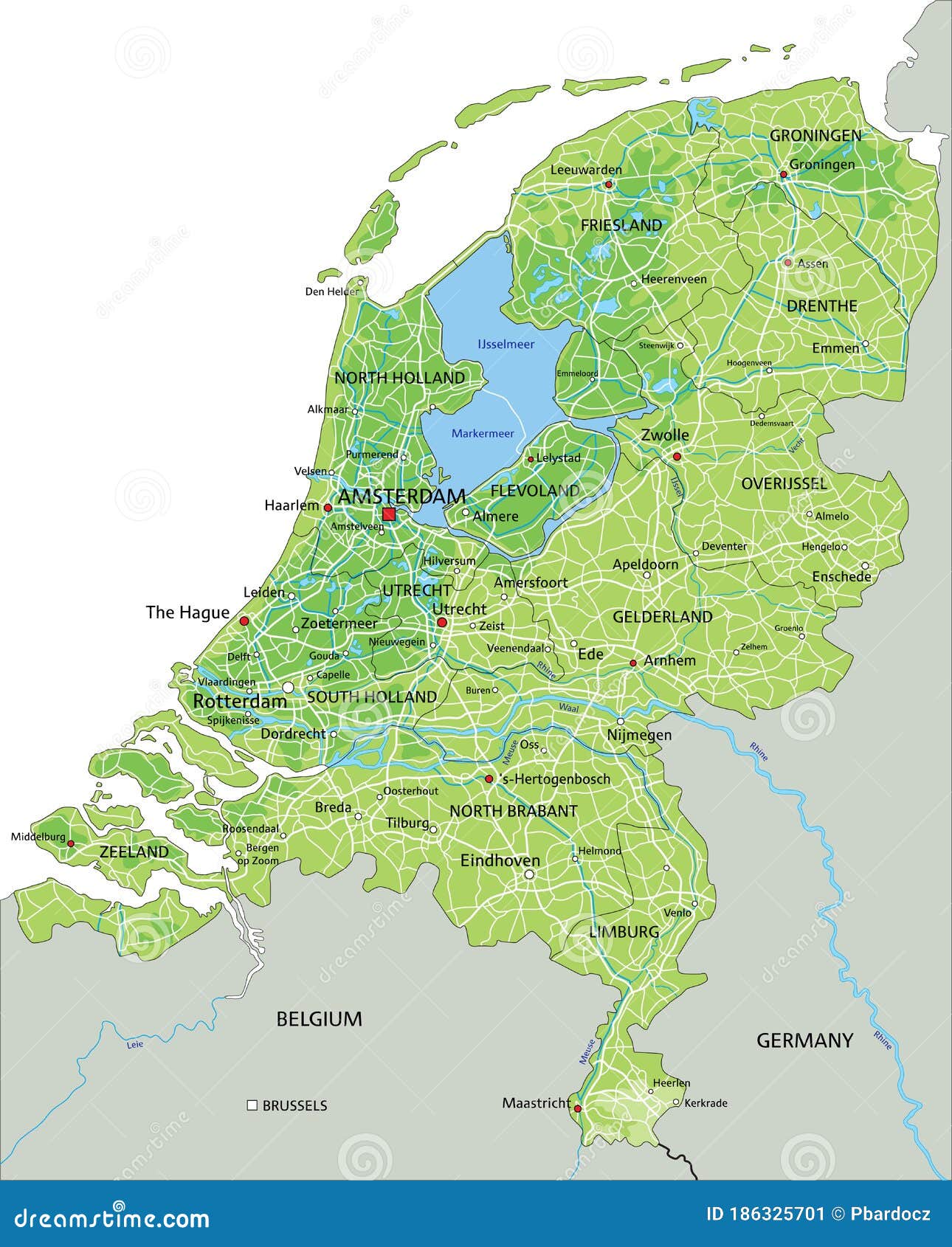 High Detailed Netherlands Physical Map with Labeling. Stock Vector ...