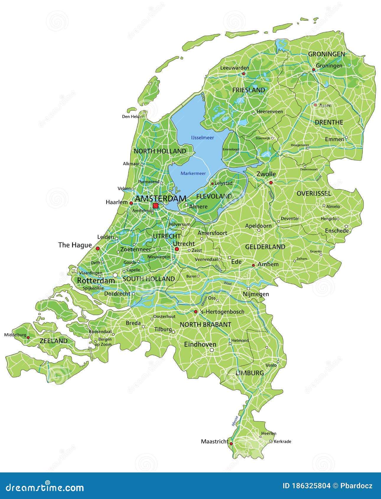 High Detailed Netherlands Physical Map with Labeling. Stock Vector ...