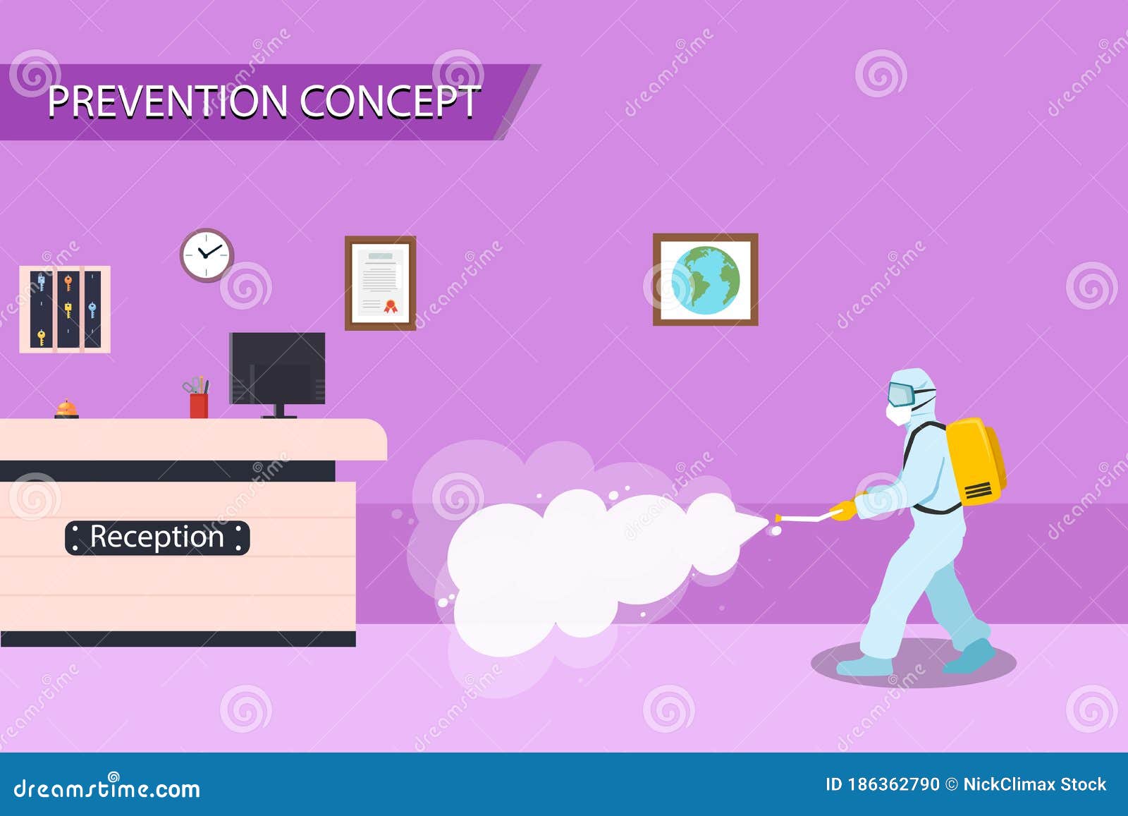 Prevention Concept at Reception Hotel. People in Protective Suit PPE ...