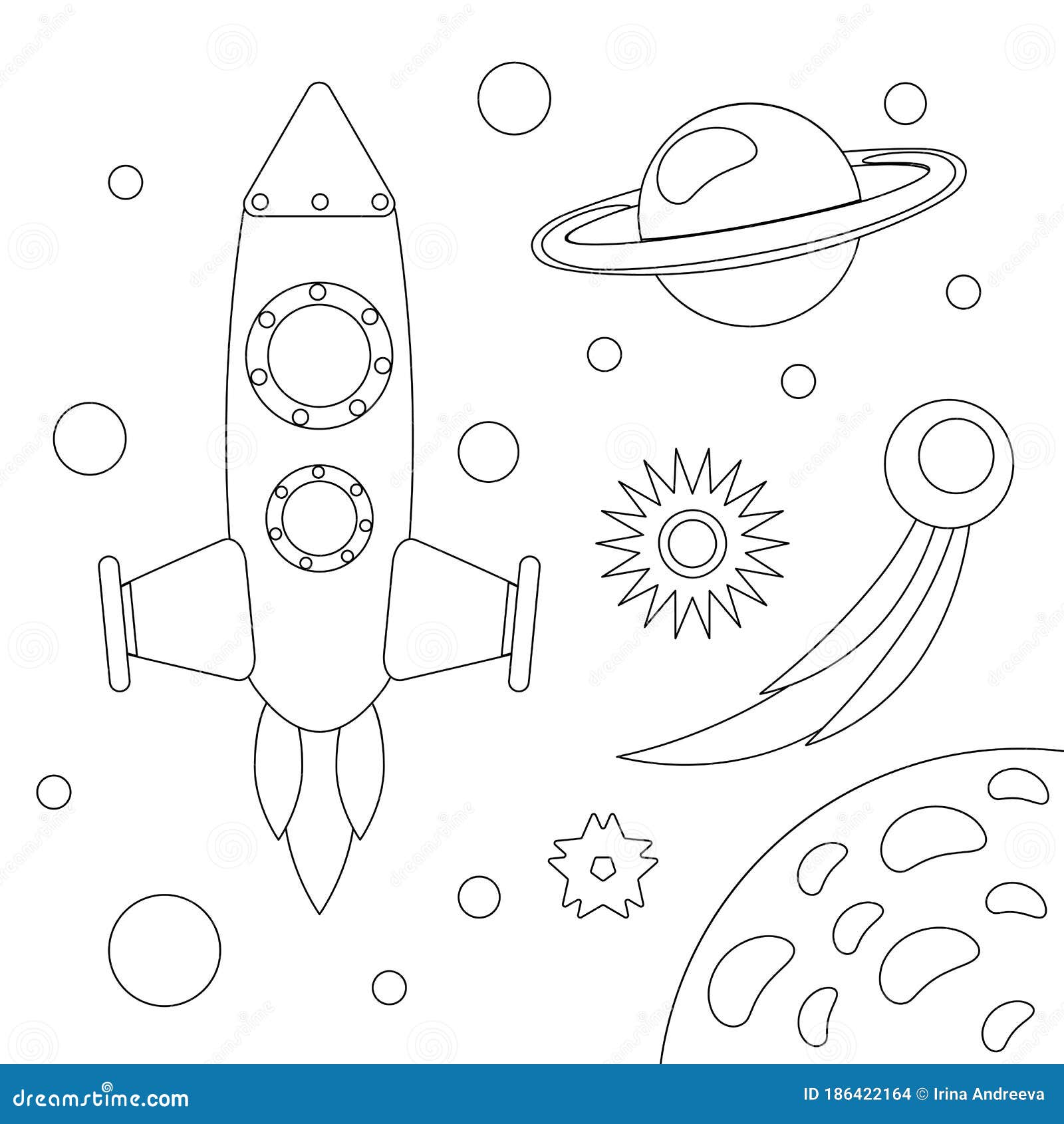 Coloring Book Page with Space Elements. Planets, the Sun, Comet ...