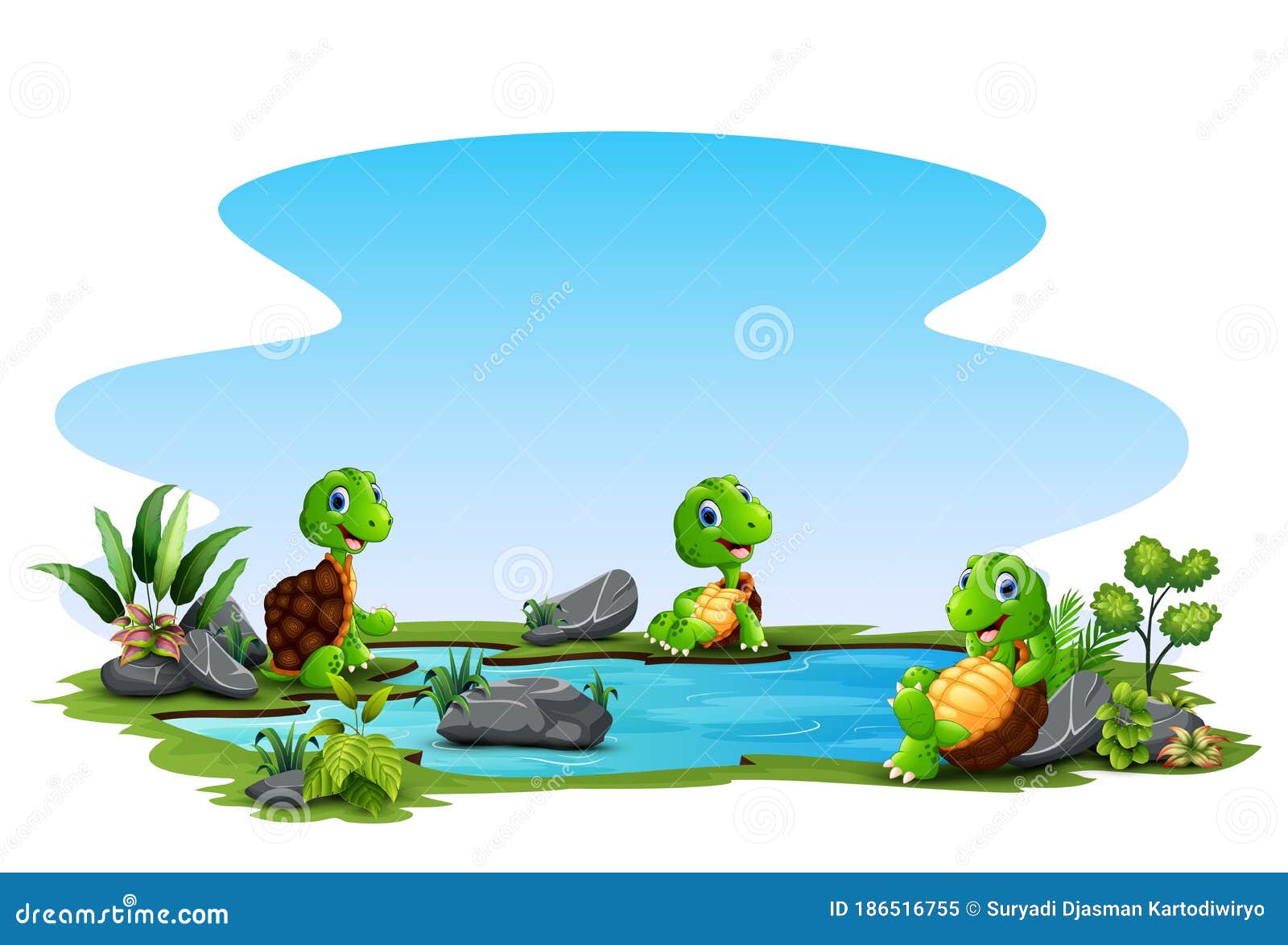 Cartoon Three Turtle Relax Around the Small Pond Stock Vector ...
