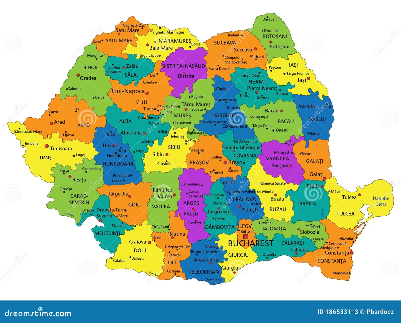 Colorful Romania Political Map with Clearly Labeled, Separated Layers ...