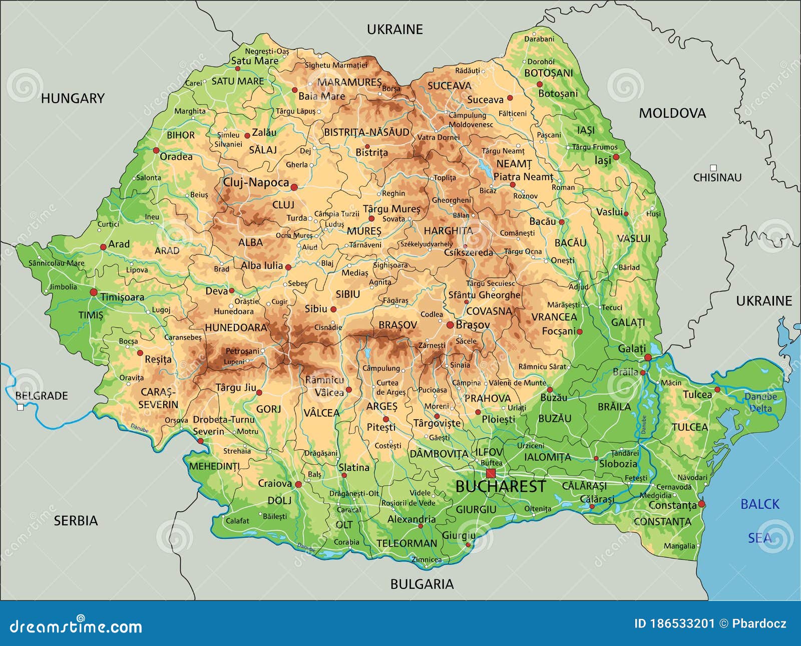 High Detailed Romania Physical Map with Labeling. Stock Vector ...