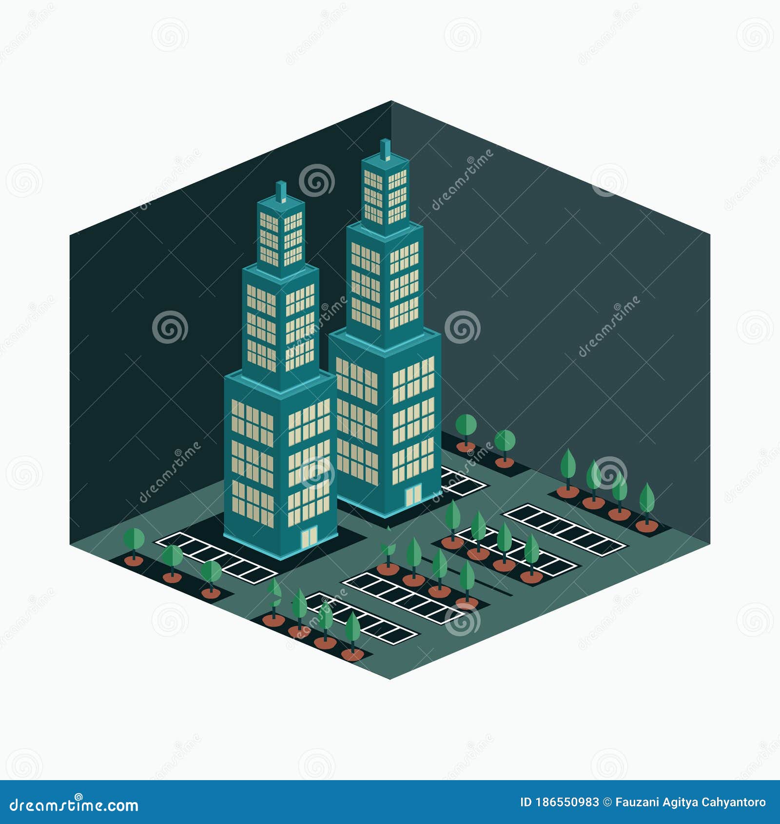 Twin Tower at the Night - Isometric Tower Building Isolated on ...