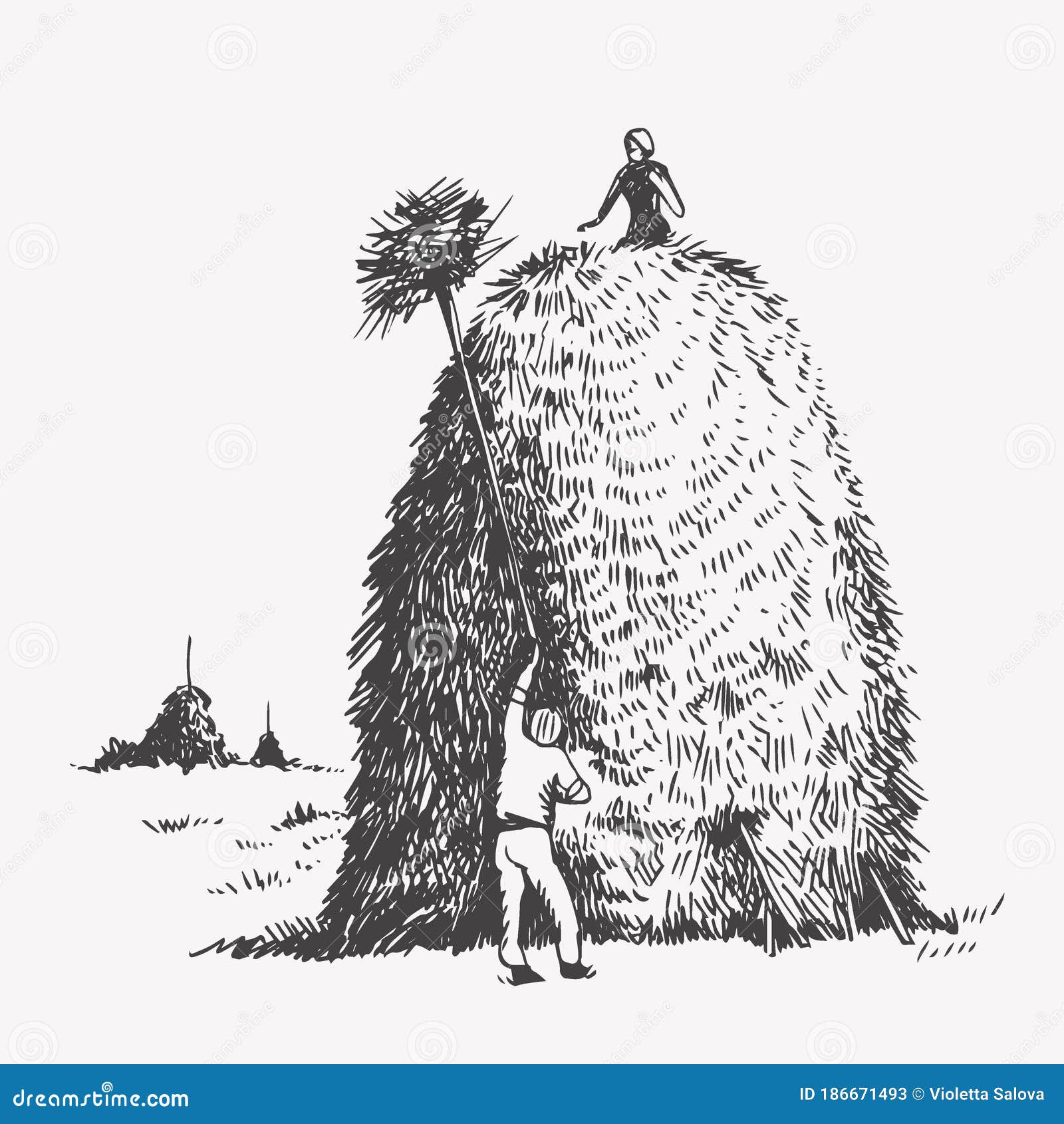 Haystack, Illustration of Rural Life in Retro Style. Sketch, Drawing by ...