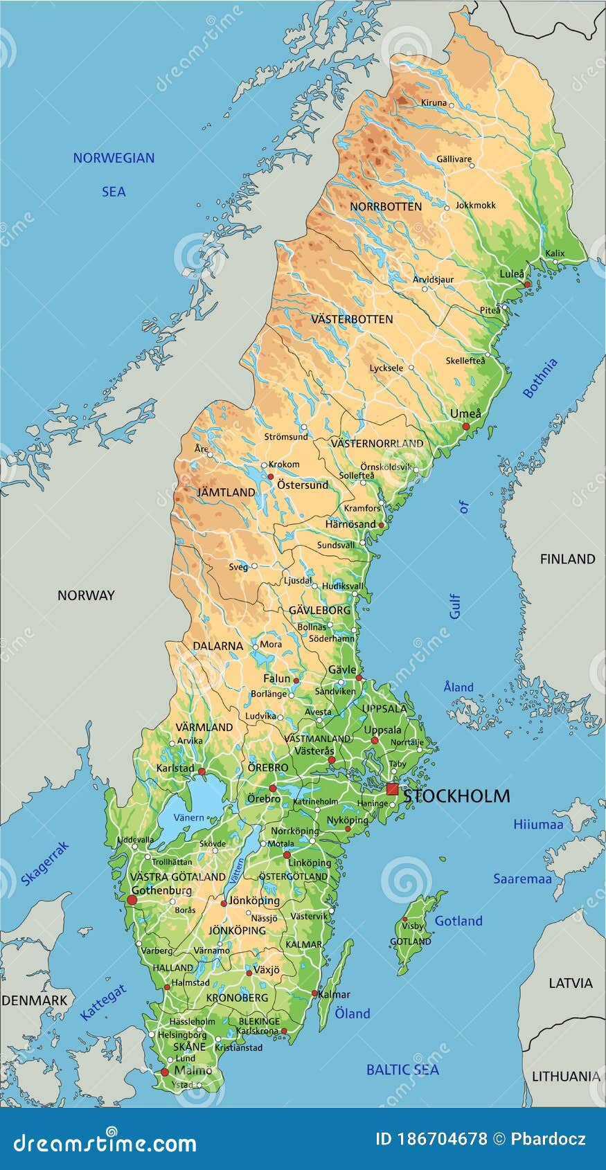 High Detailed Sweden Physical Map with Labeling. Stock Vector ...