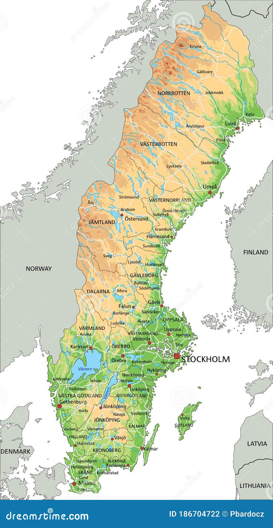High Detailed Sweden Physical Map with Labeling. Stock Vector ...