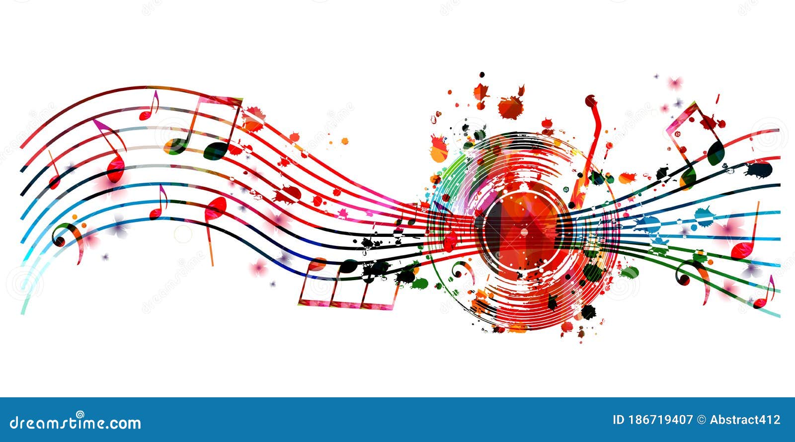 Colorful Music Background with Music Notes and Vinyl Record Disc ...