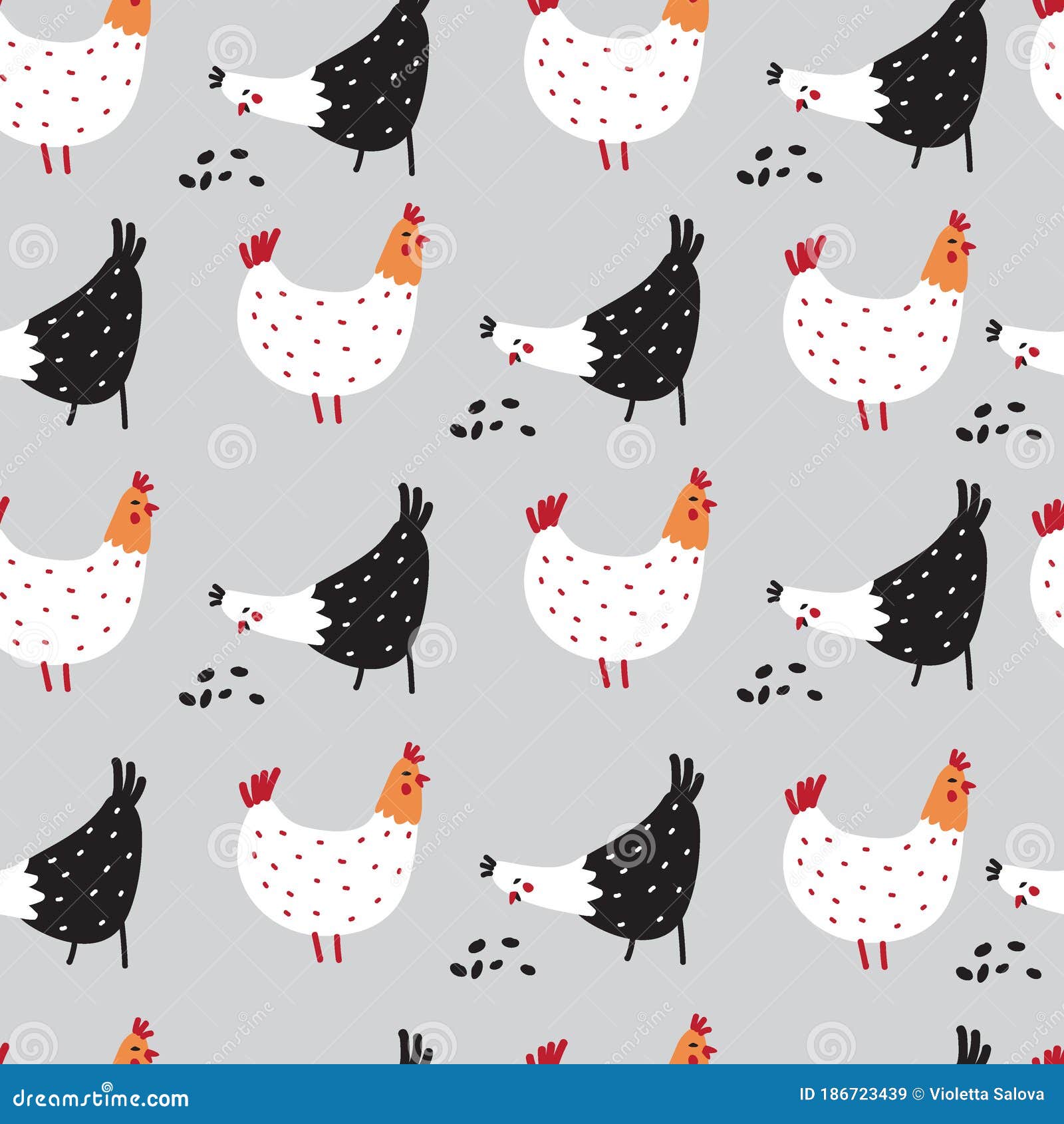 Seamless Print of Chickens, Poultry, Roosters and Grains on a Neutral ...