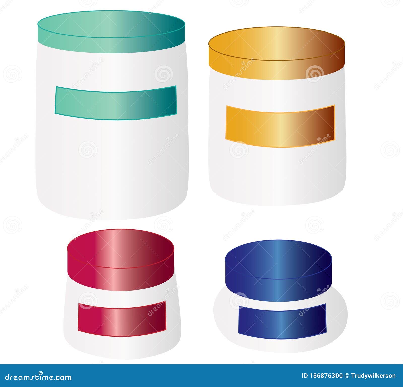 Assortment of Sizes and Shapes Graphic Jars with Different Color Lids ...