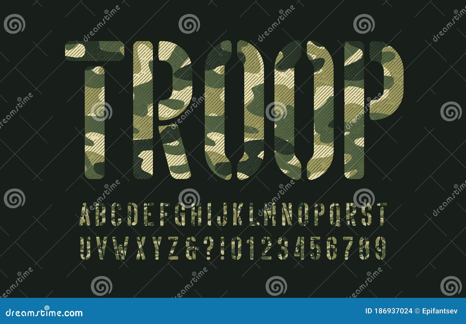 Disguise Alphabet Font. Camouflage Letters And Numbers On A Dark ...