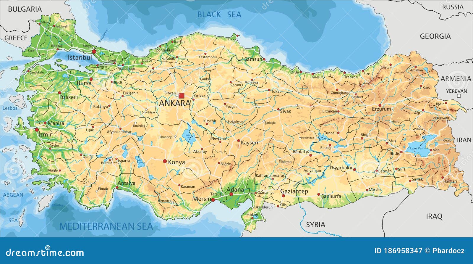 High Detailed Turkey Physical Map with Labeling. Stock Vector ...