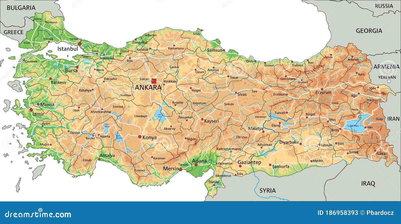 High Detailed Turkey Physical Map with Labeling. Stock Vector ...