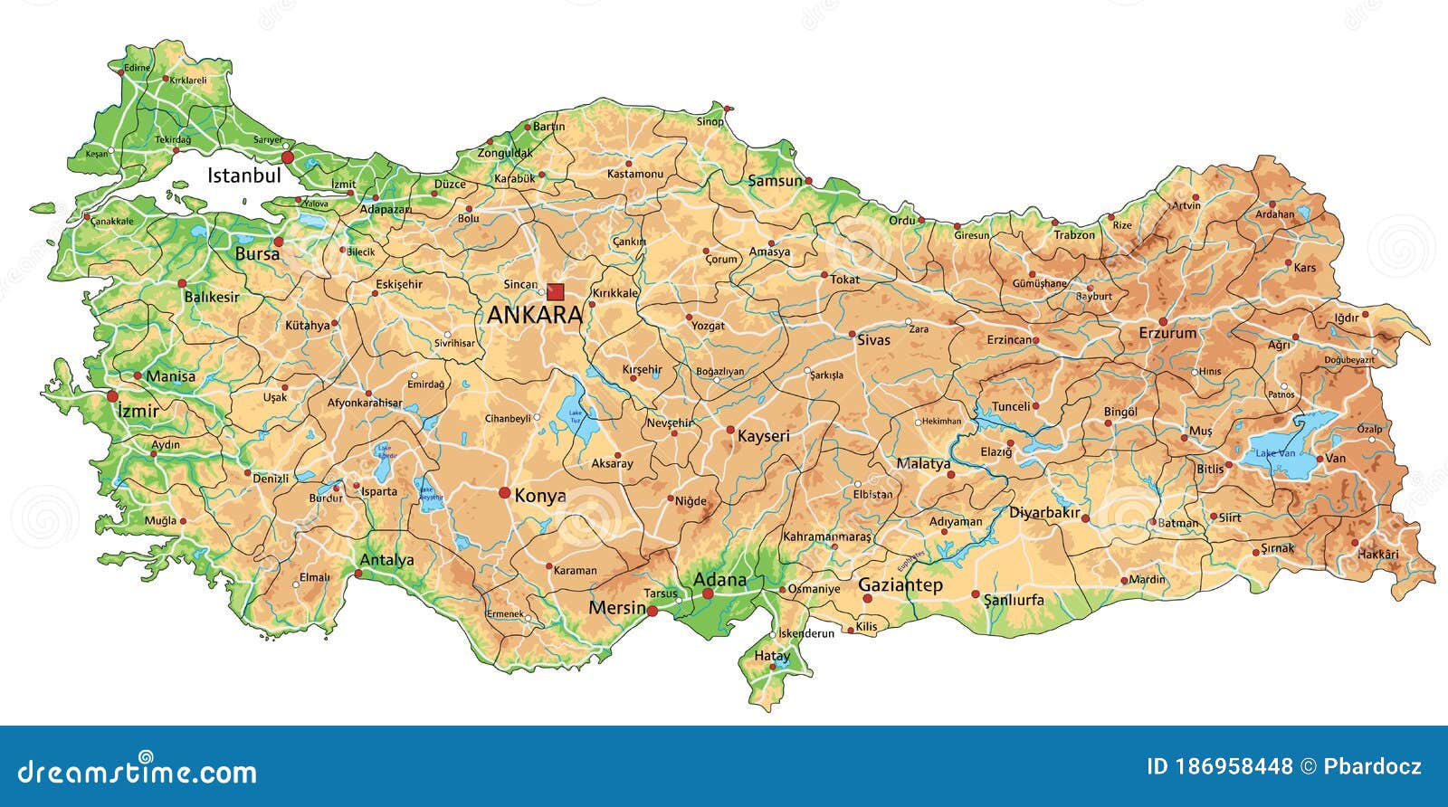 High Detailed Turkey Physical Map with Labeling. Stock Vector ...