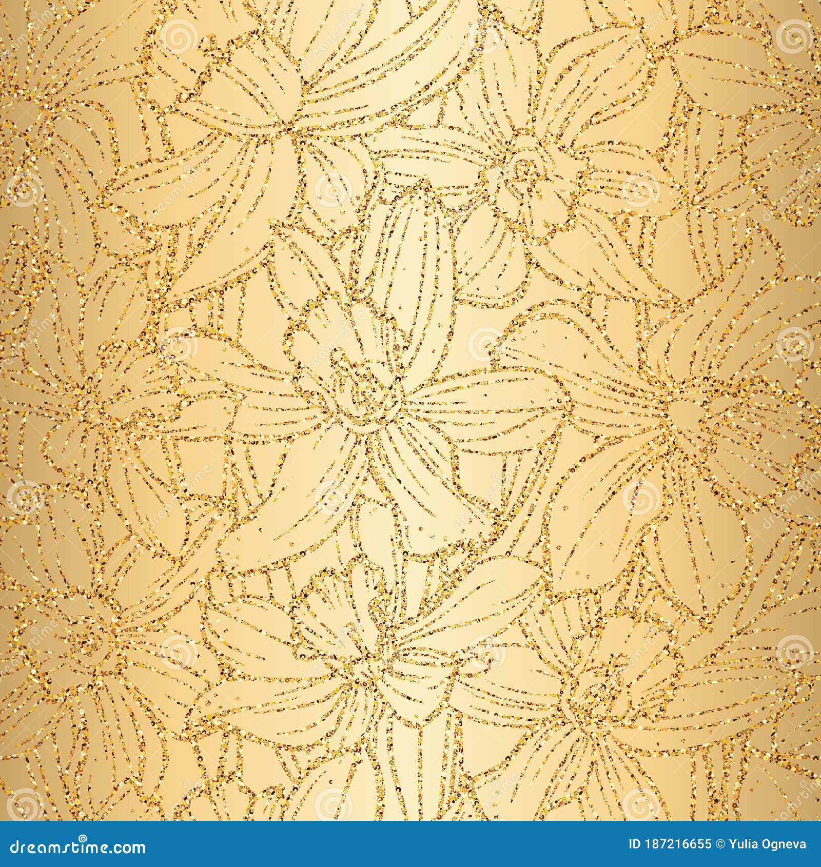 Seamless Floral Shiny Pattern on Gold Background. Hand-drawn Gold ...