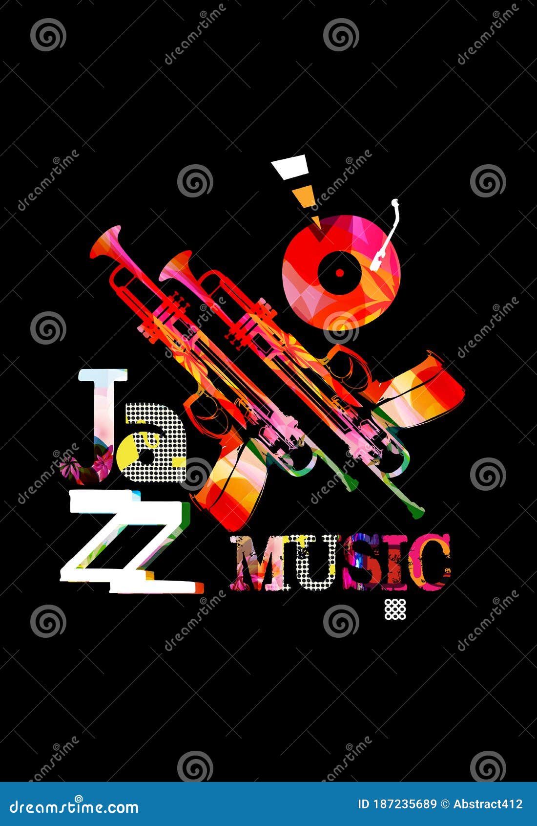Jazz Music Promotional Poster with Colorful Trupet and Vinyl Record ...