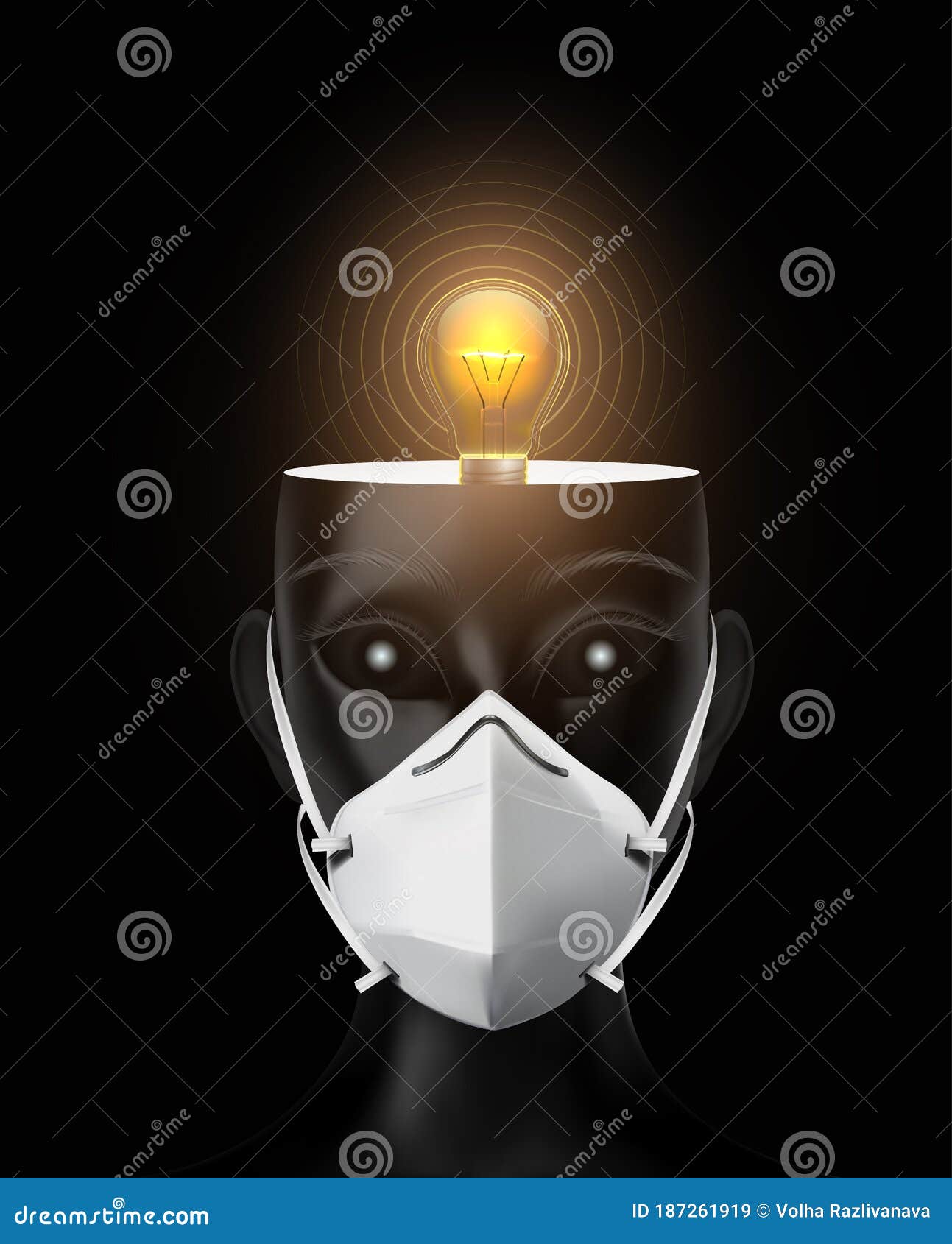 Realistic Human Open Head in Facial Medical Mask with Switched on Bulb ...