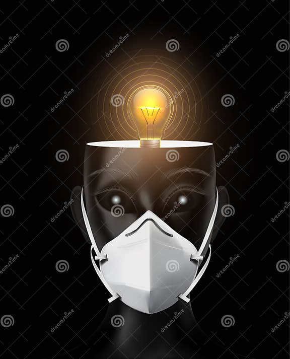 Realistic Human Open Head in Facial Medical Mask with Switched on Bulb ...
