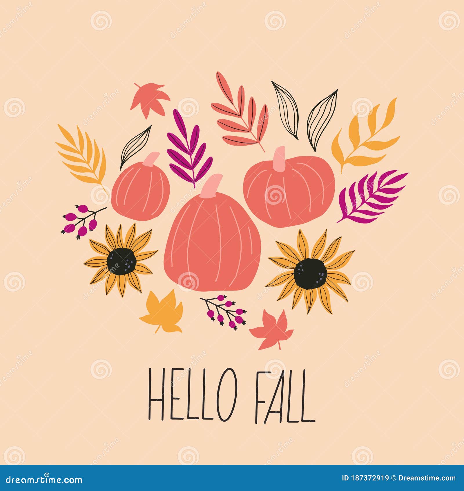 Hello Fall Vector Pumpkin Autumn Leaves Composition Stock Vector ...