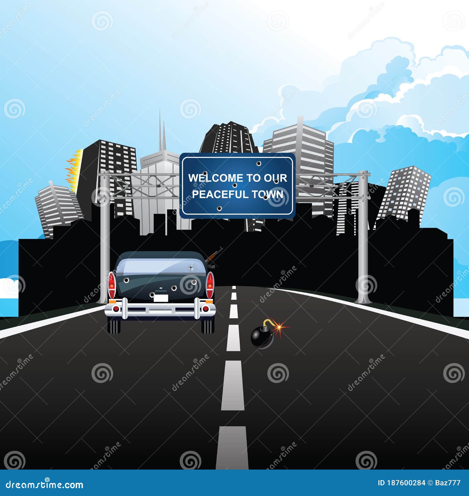 Ironic Peaceful Welcome Sign Stock Vector - Illustration of building ...