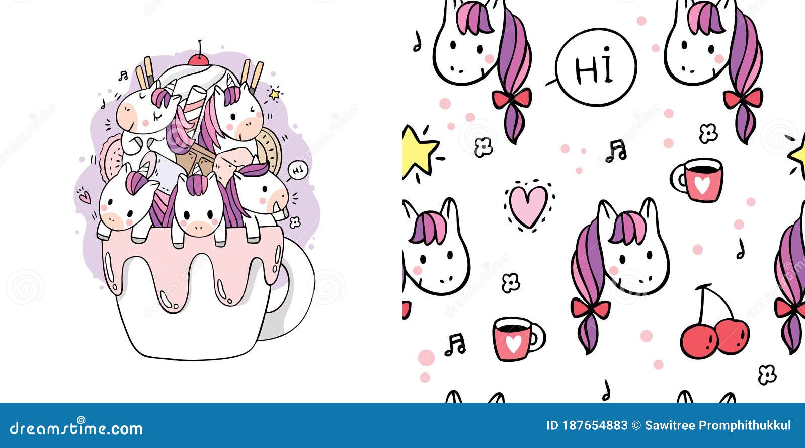 Cartoon Cute Sweet Unicorns and Coffee Cup Seamless Pattern Vector ...
