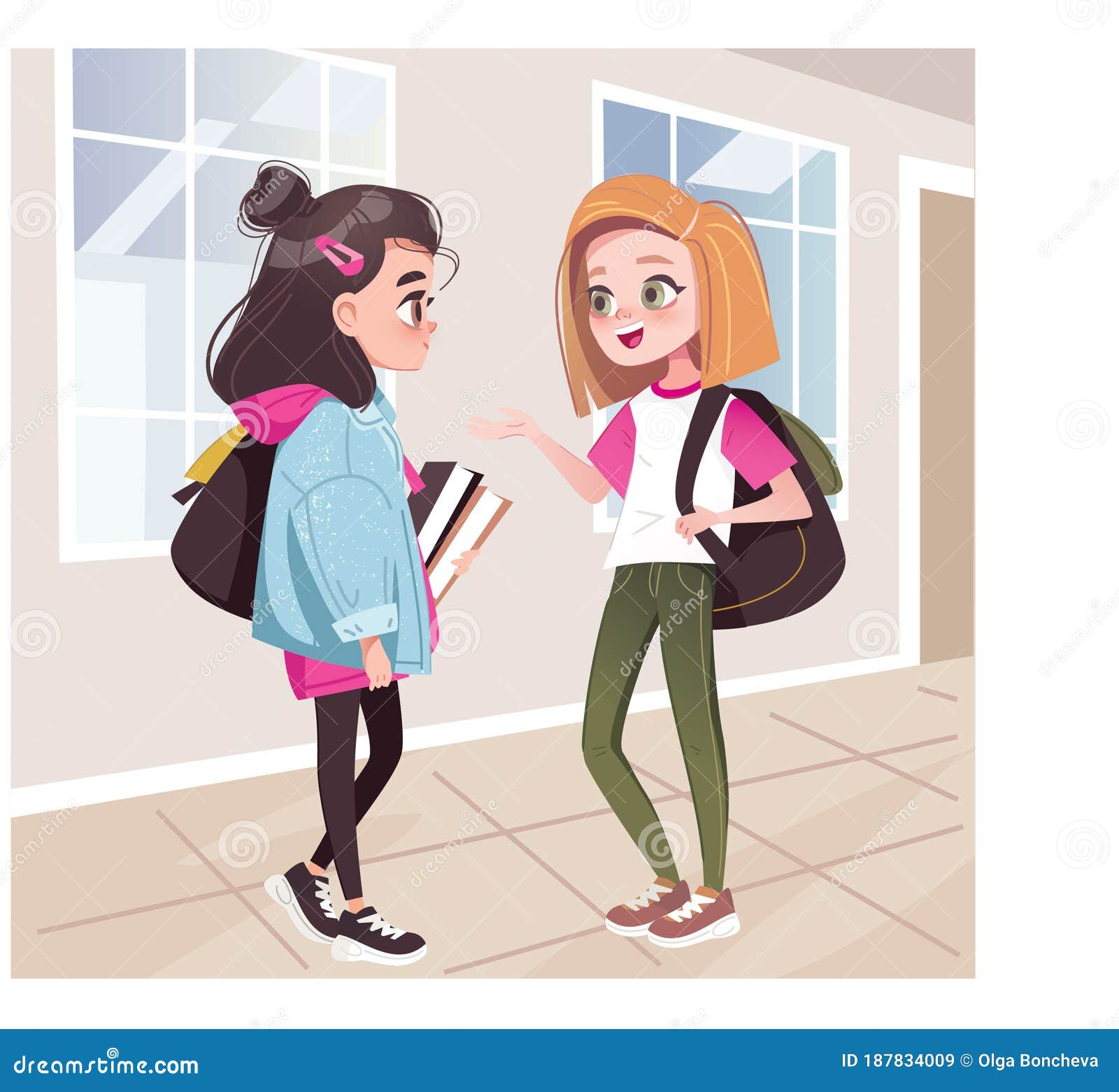 Two Teenage Girls Talking In The School Hallway. Cartoon Vector ...