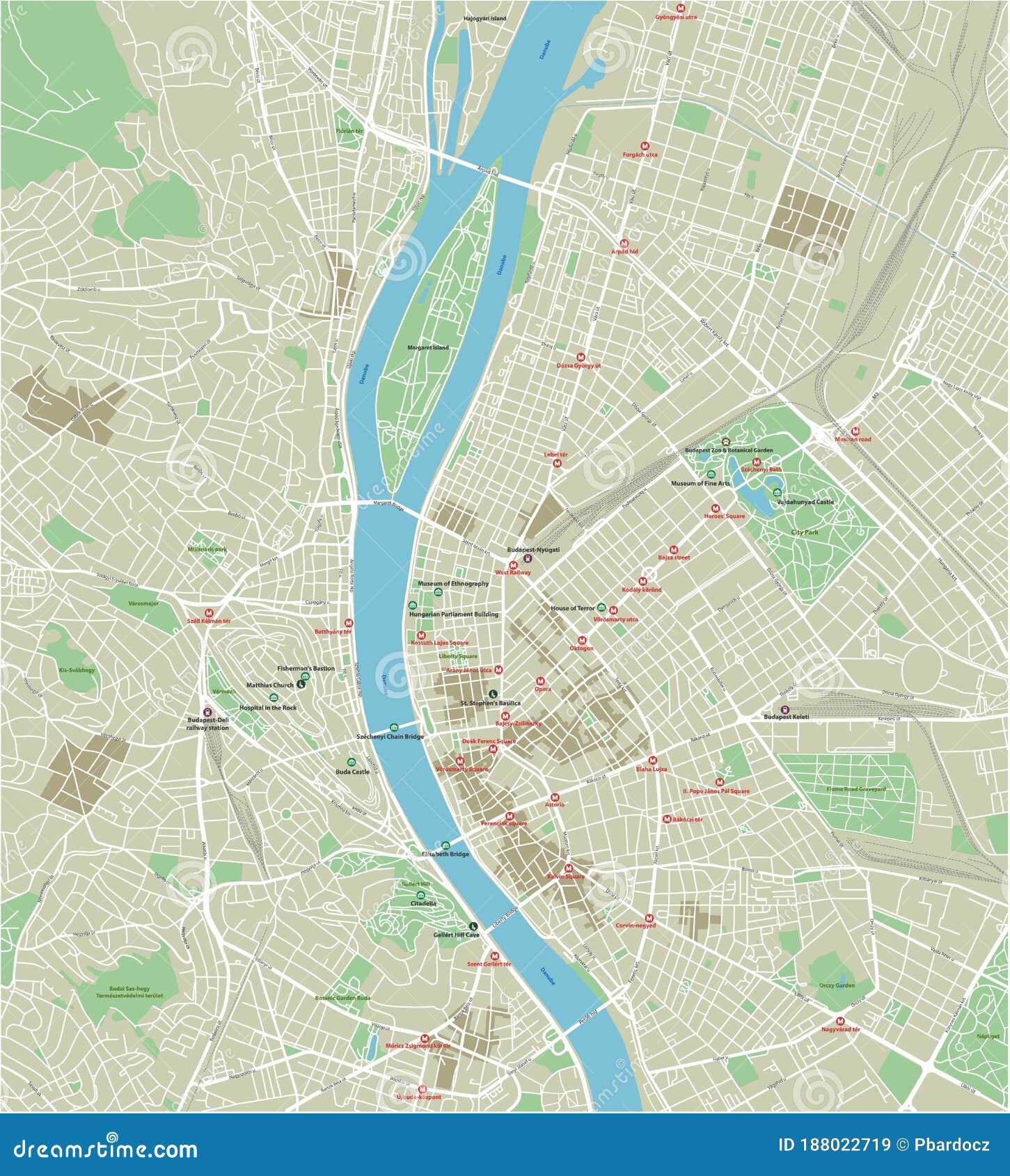 Vector City Map of Budapest. Stock Vector - Illustration of brown, landmarks: 188022719